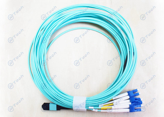 8 Cores OM3 Fiber Patch Cables , MPO To LC Cable Aqua Color Inner Ceramic Ferrule